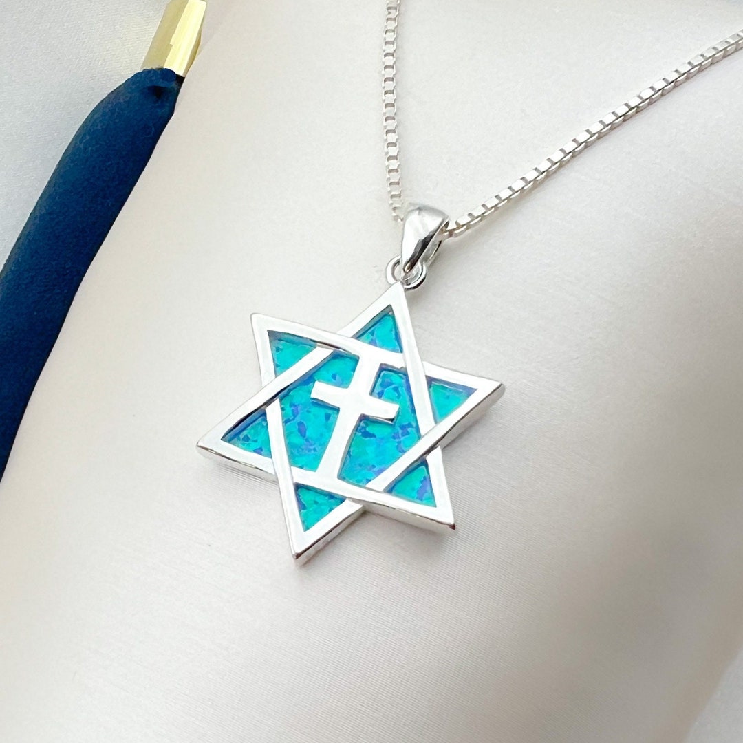 Messianic Fusion: 925 Silver Star of David & Cross Pendant With Blue ...