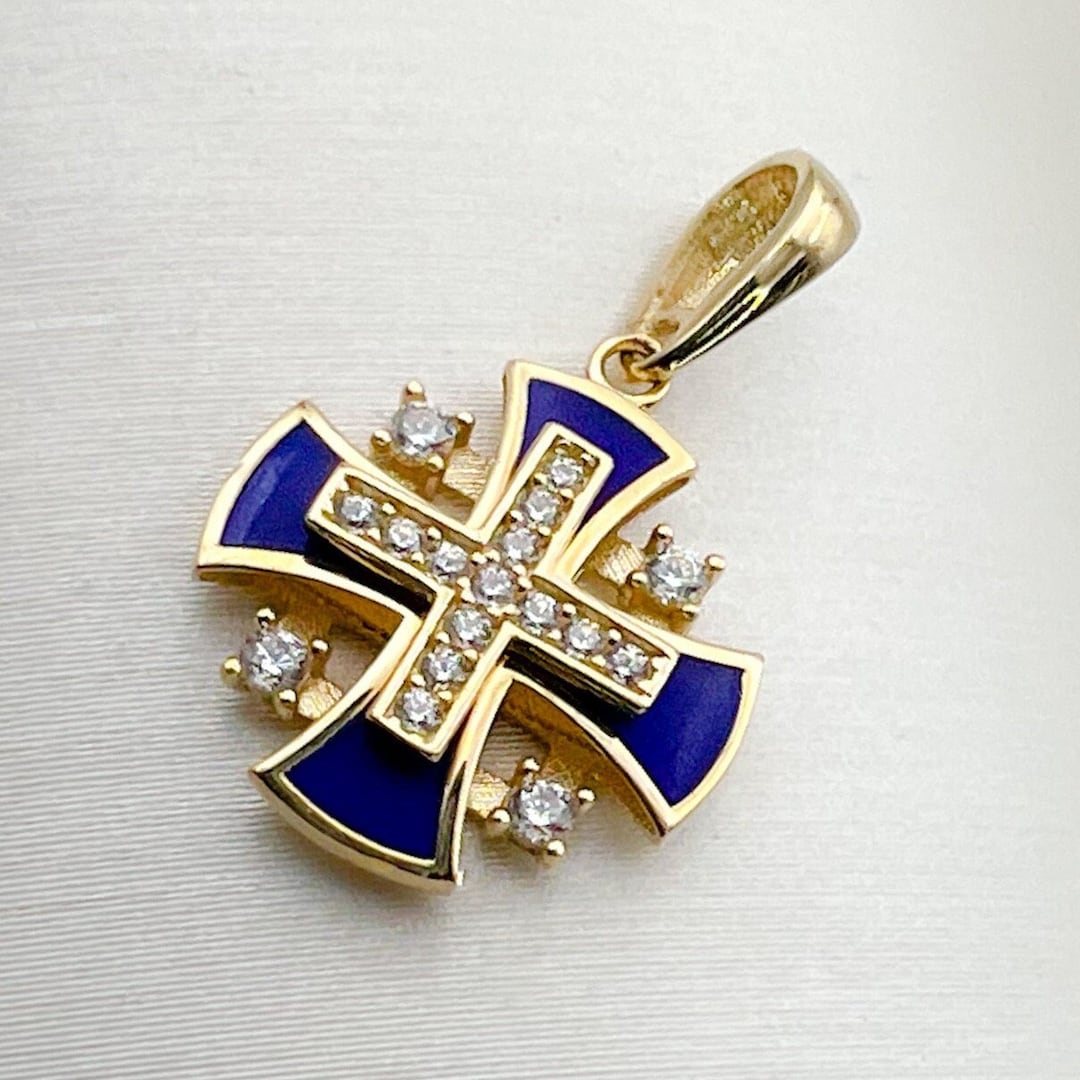 14k Gold Jerusalem Cross Pendant With Blue Enamel and Zircons (0.50x0 ...