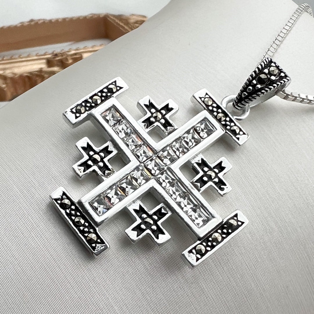 Jerusalem Cross Pendant - Sterling Silver 925 With Zircons & Markazit ...