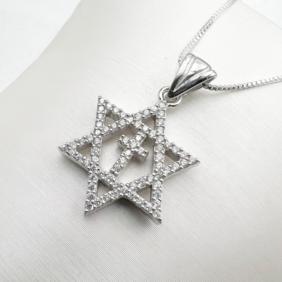 Messianic Star of David Cross Pendant | White Zircons Adorned | Comes ...