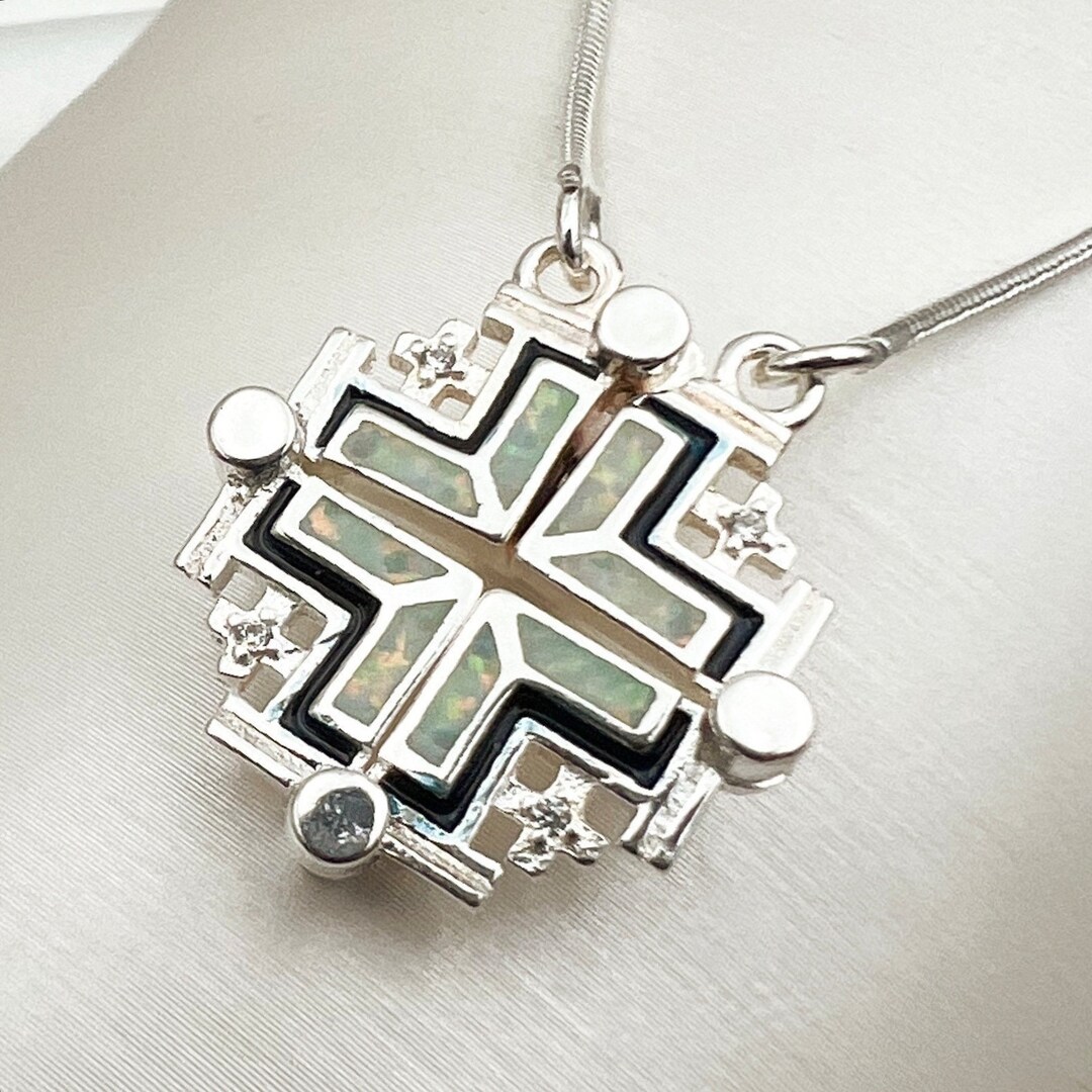 Jerusalem Cross Pendant | Dual Style Design | White Opal & Blue Enamel ...