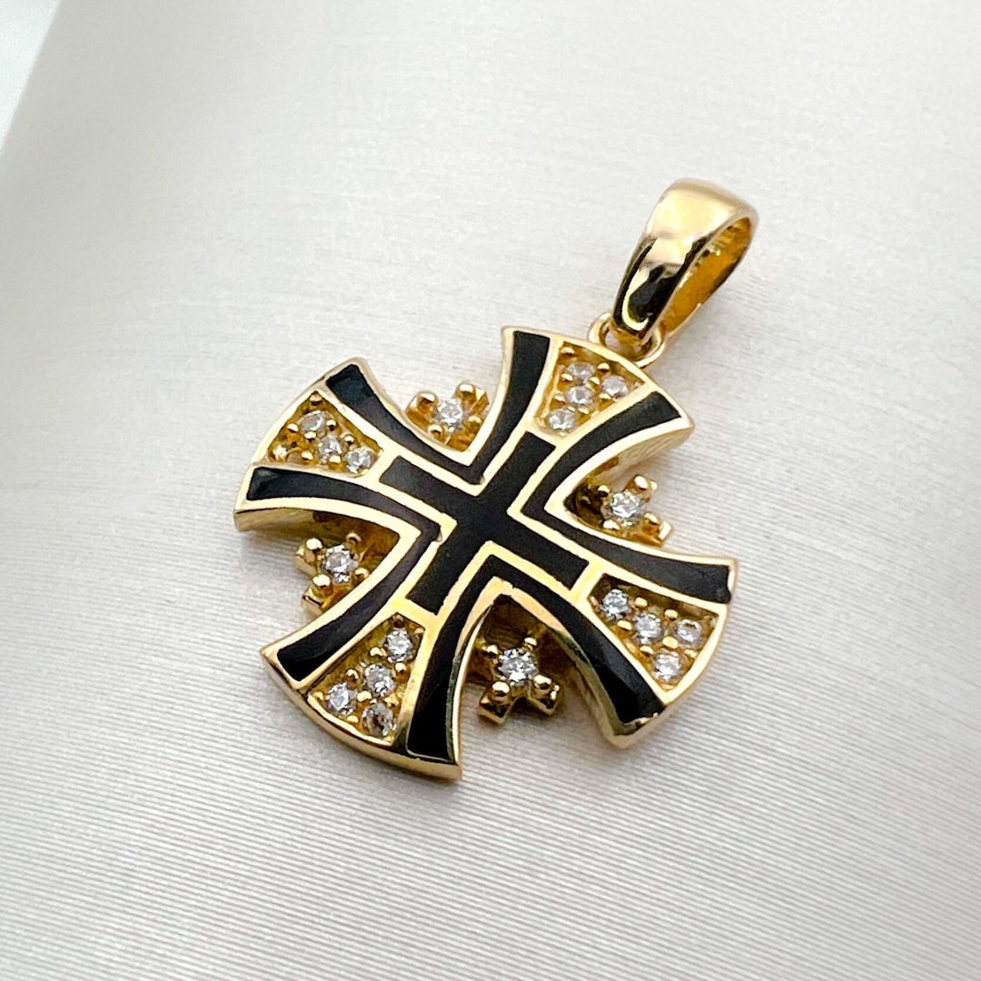 14k Gold Jerusalem Cross Pendant With Black Enamel and Zircons (0.60x0 ...