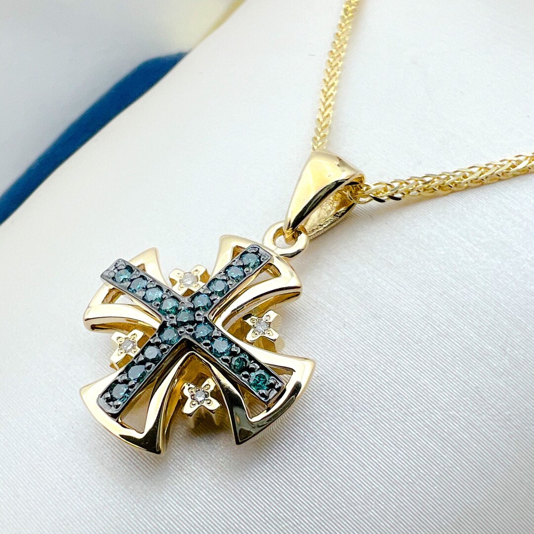 Jerusalem Cross 14k Gold Pendant With 21 Blue Diamonds (0.22ct ...