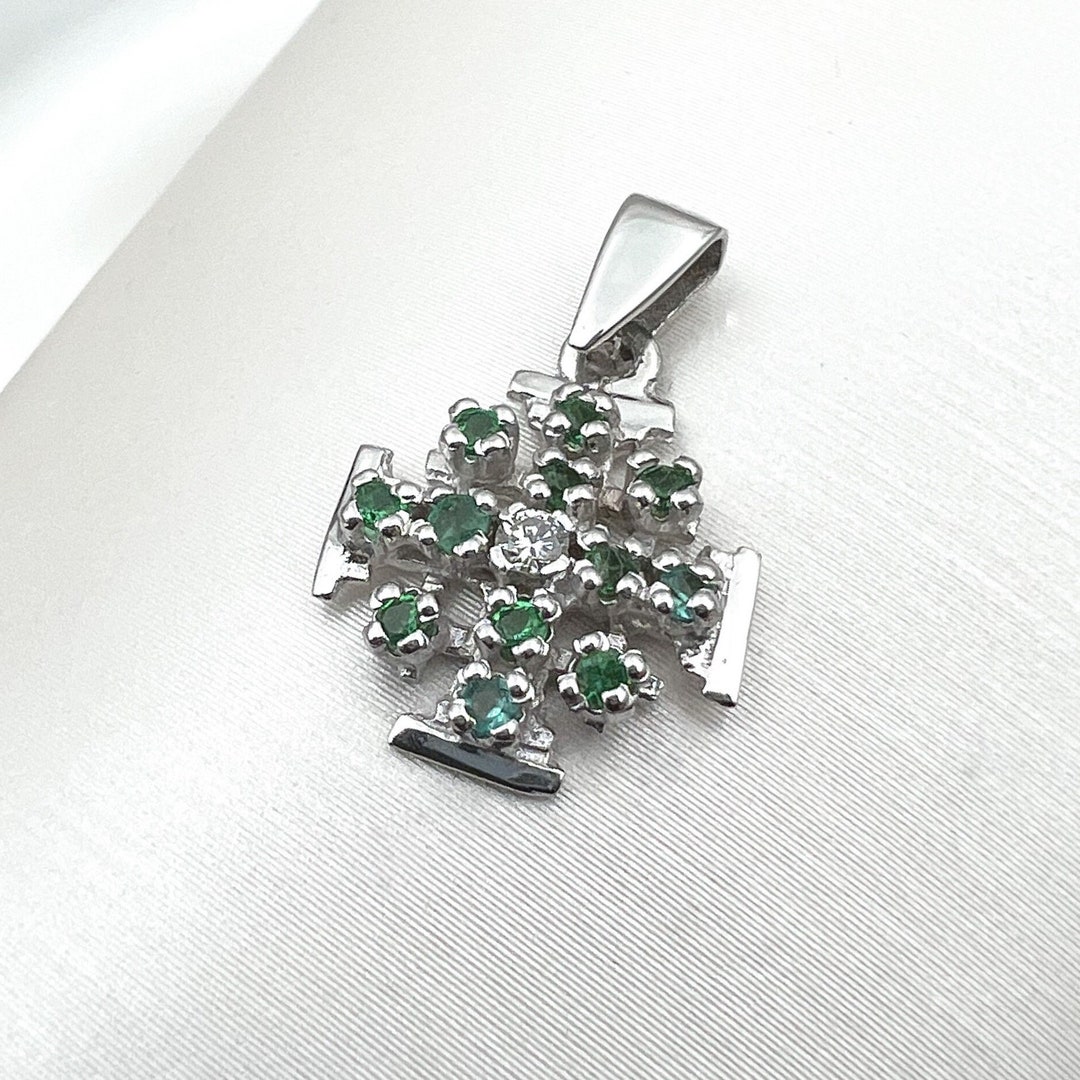 Jerusalem Cross 14k White Gold With Emeralds & Diamond 0.03ct - 0.45x0 ...