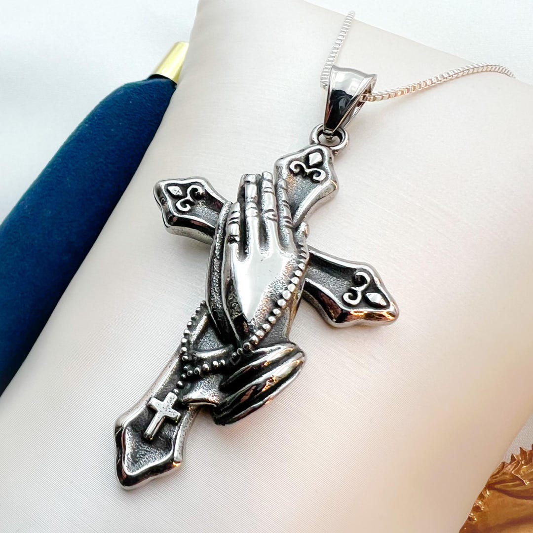 Praying Hands Cross Pendant Detailed Fleur-de-lis Design Religious Jewelry Stainless Steel ...