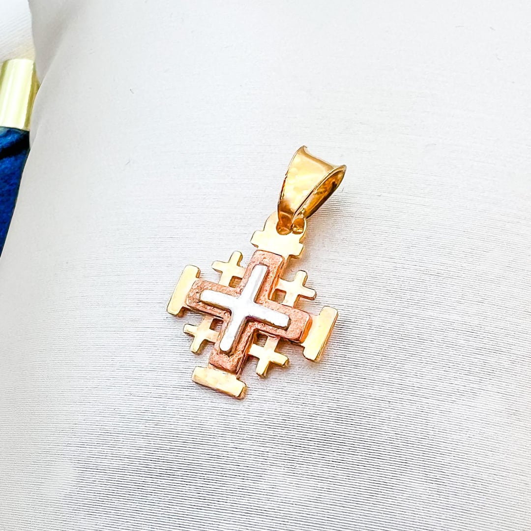 Handmade Three-color Gold Jerusalem Cross Pendant | 14k Gold | 0.45x0 ...