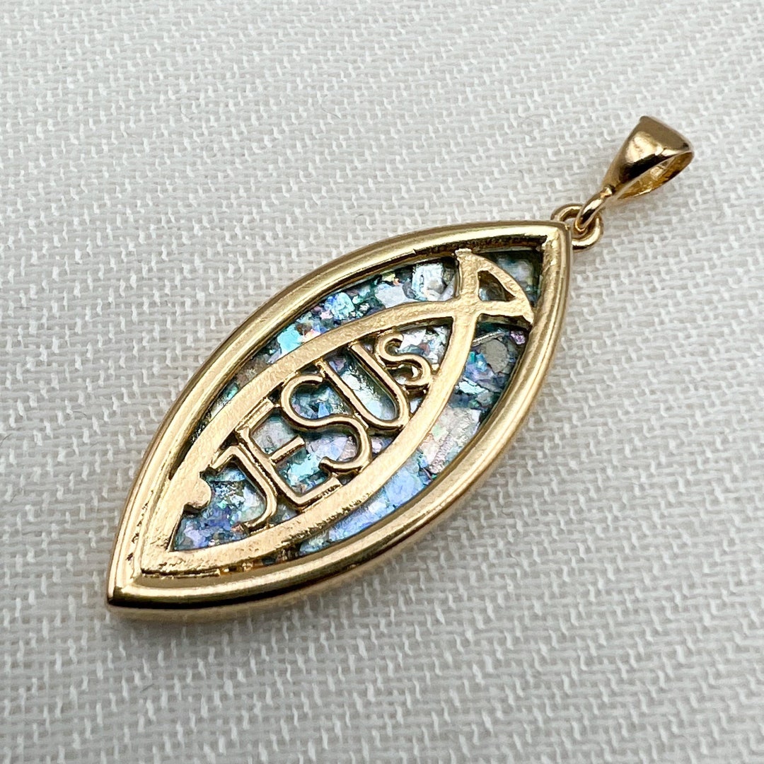 Jesus & the Fish Roman Glass Cross Pendant - Goldfield - Etsy