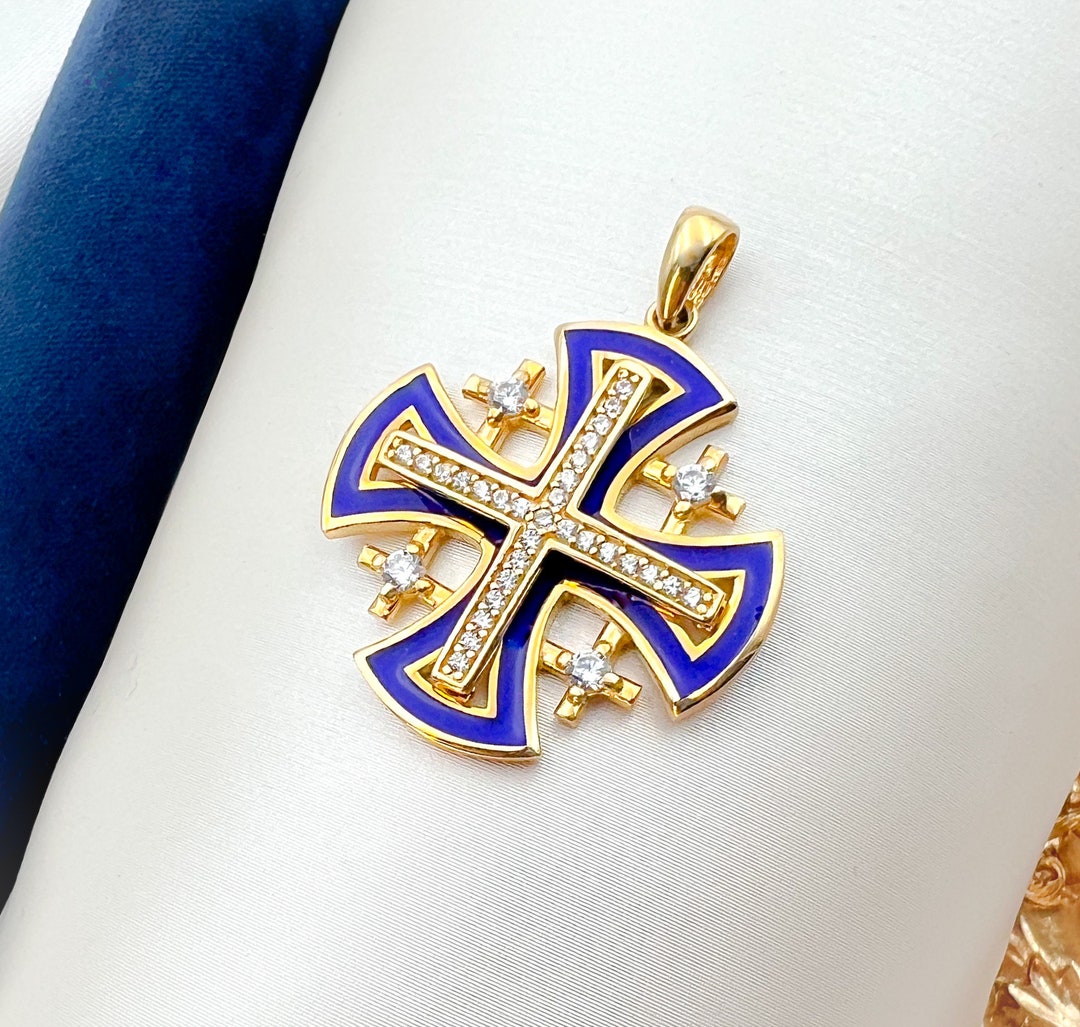 Exquisite Jerusalem Cross Pendant Handcrafted in 14k Gold With Cubic ...
