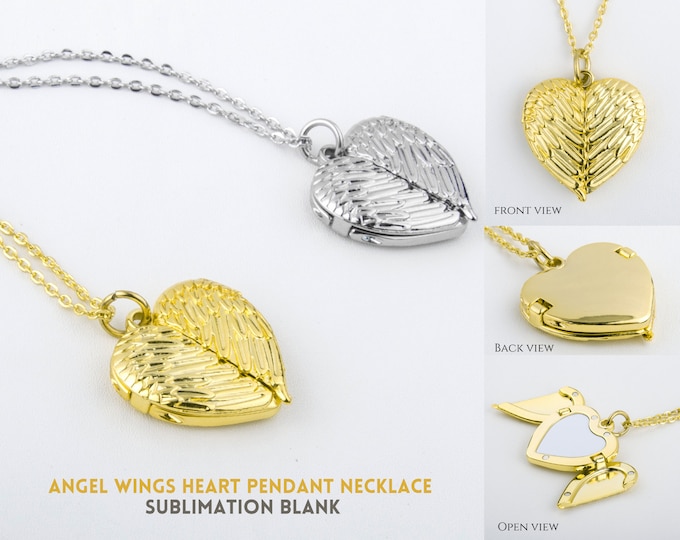 Angel Wings Heart Pendant Locket Necklace Sublimation Printing Heart ...