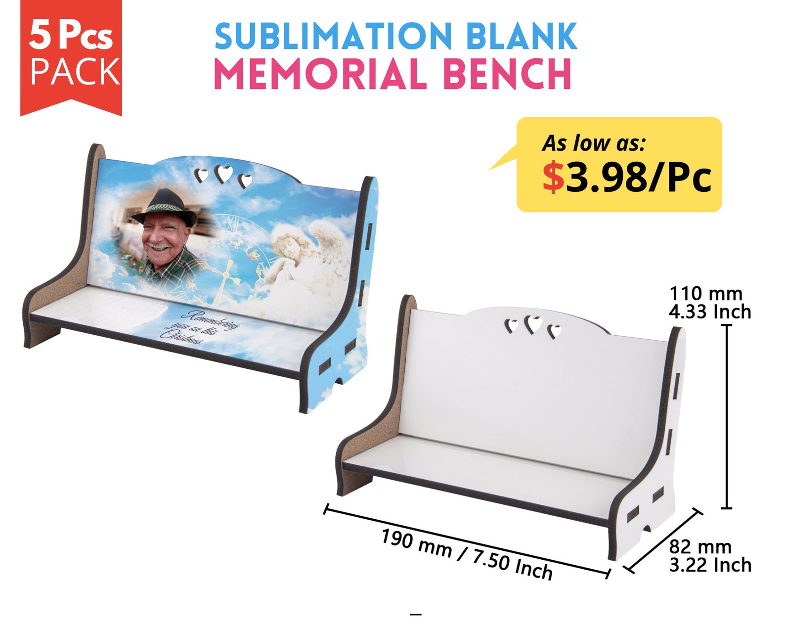 5x Pack Memorial Bench Sublimation Blanks | MDF Hard Board Memorial ...