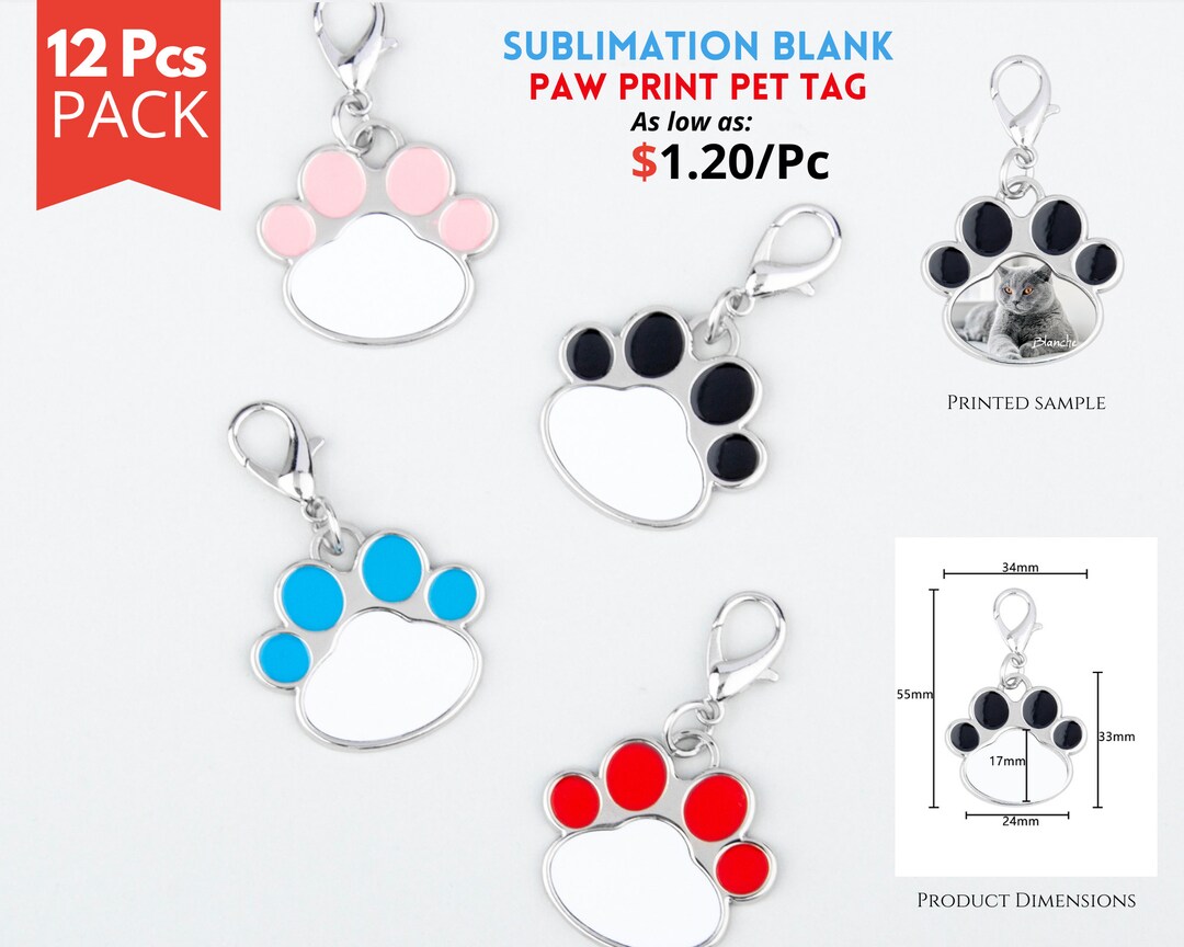 12x Pet Tag Sublimation Blanks | Paw Print Cat ID Tag Blank | Sublimate ...