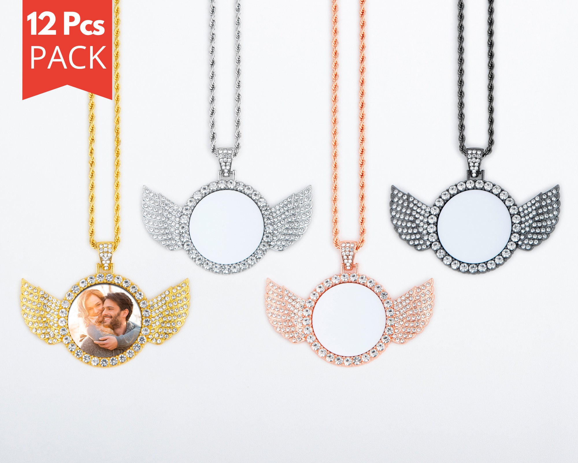 12pc Pack Angel Wings Necklace Sublimation Blank Angel Wings 1 Side Printable 30mm Sub Inserts With 3mm Thick 24 Inch Long Rope Chain Etsy