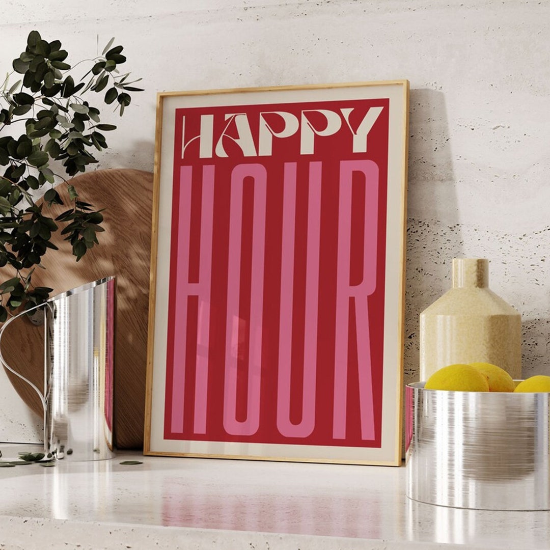 Retro Trendy Happy Hour Quote Black Red Wall Art Prints Canvas Painting ...