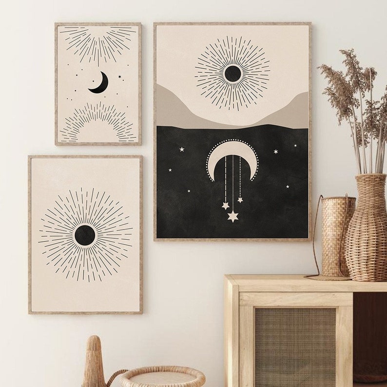 Neutral Boho Wall Art Sun Stars Moon Posters and Prints Children's Room ...