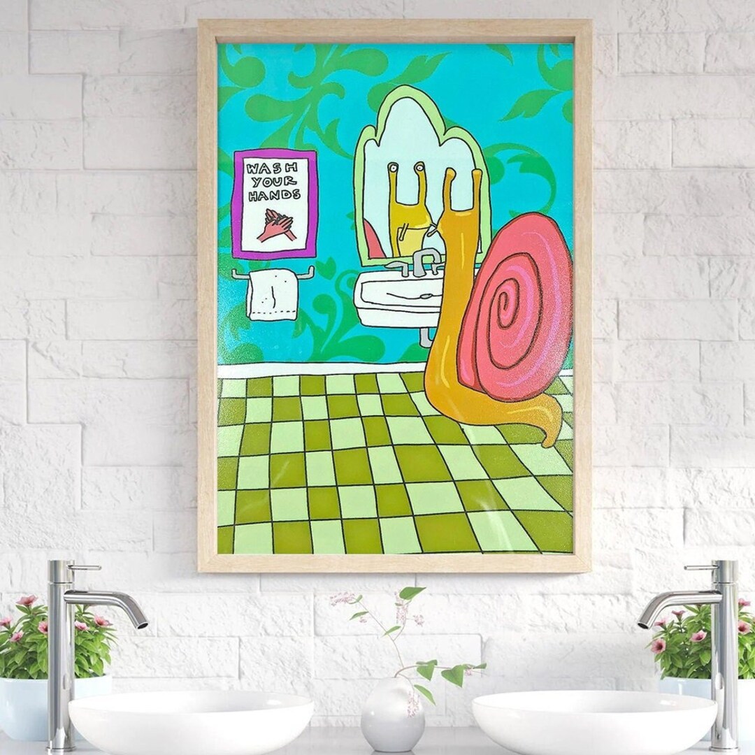 Wash Your Hands Snail Illustration Funny Bathroom Wall Art Decor Toilet ...