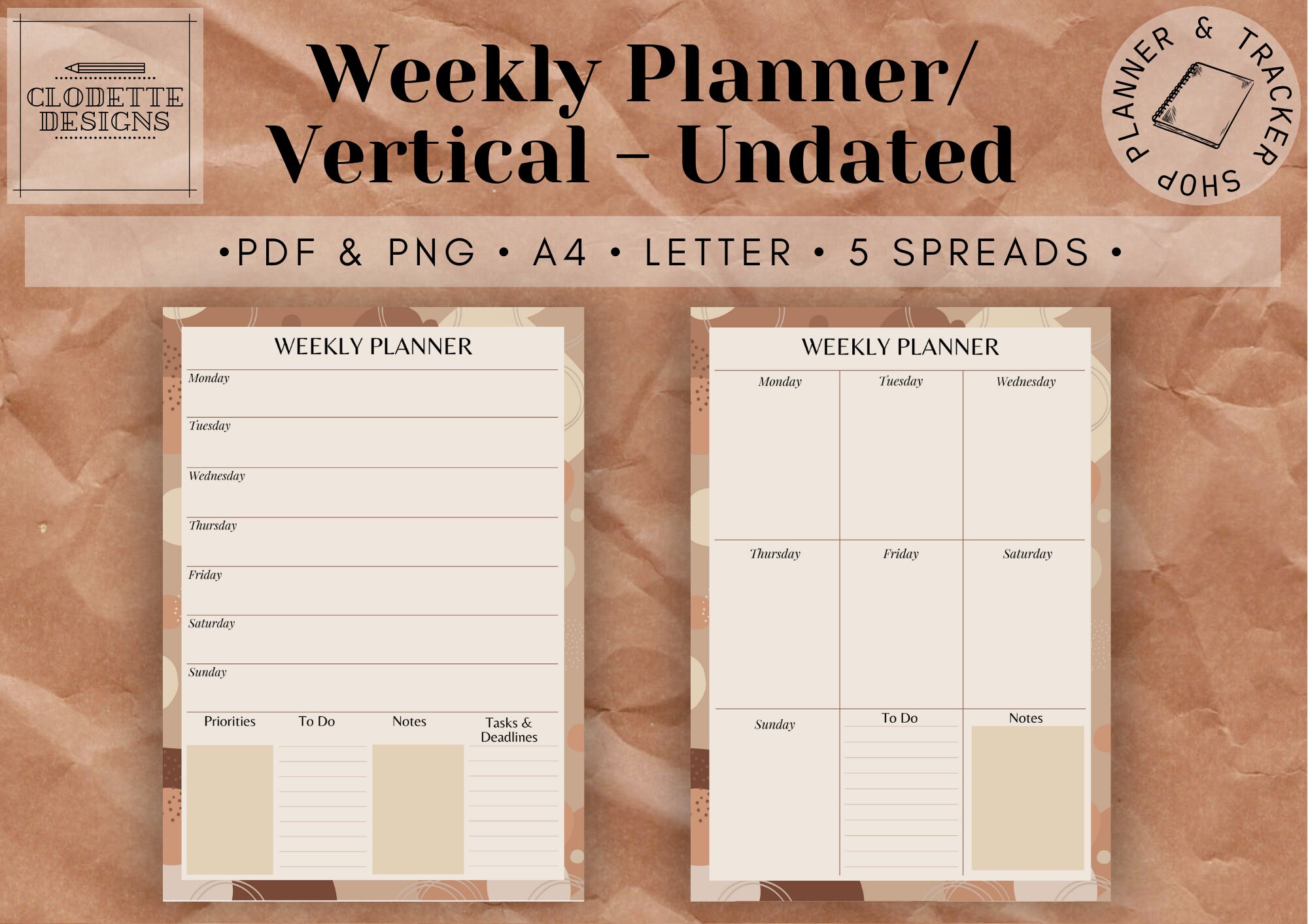 Weekly Planner - Vertical - Undated - PDF - PNG - A4 - LETTER - 5 ...