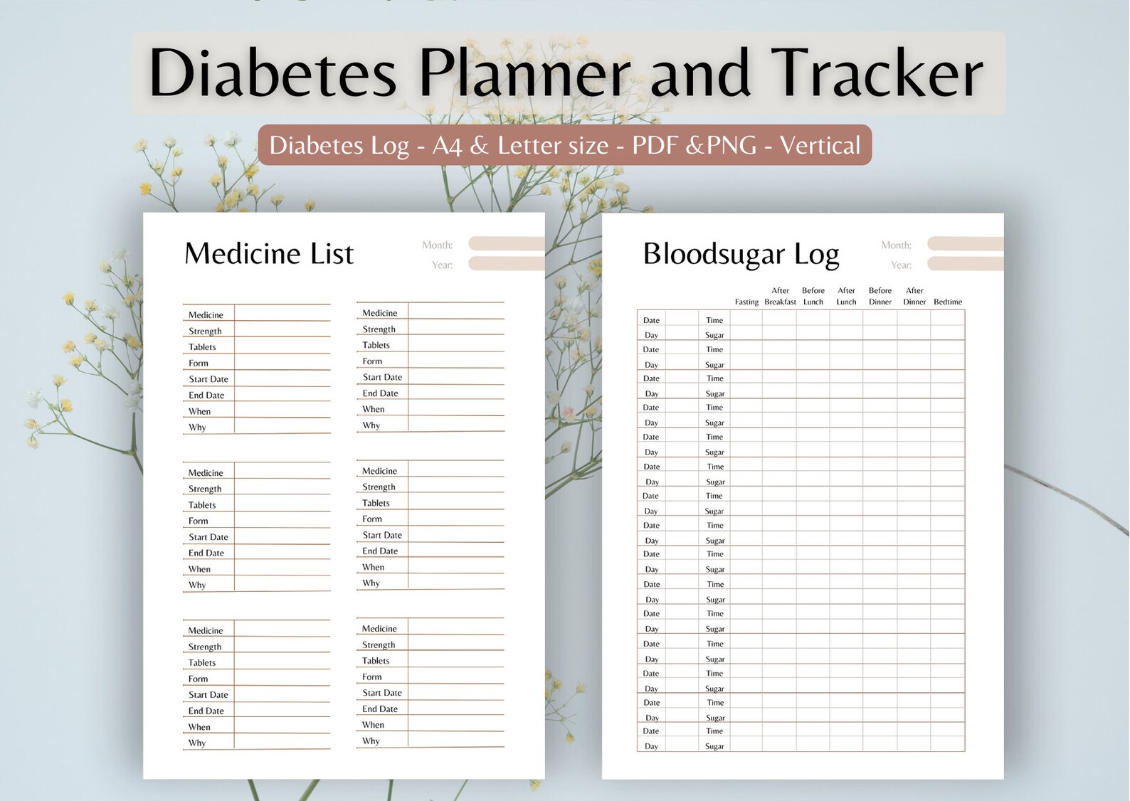 Printable Diabetes Planner, Bloodsugar Log and Tracker Bundle- (A4 ...