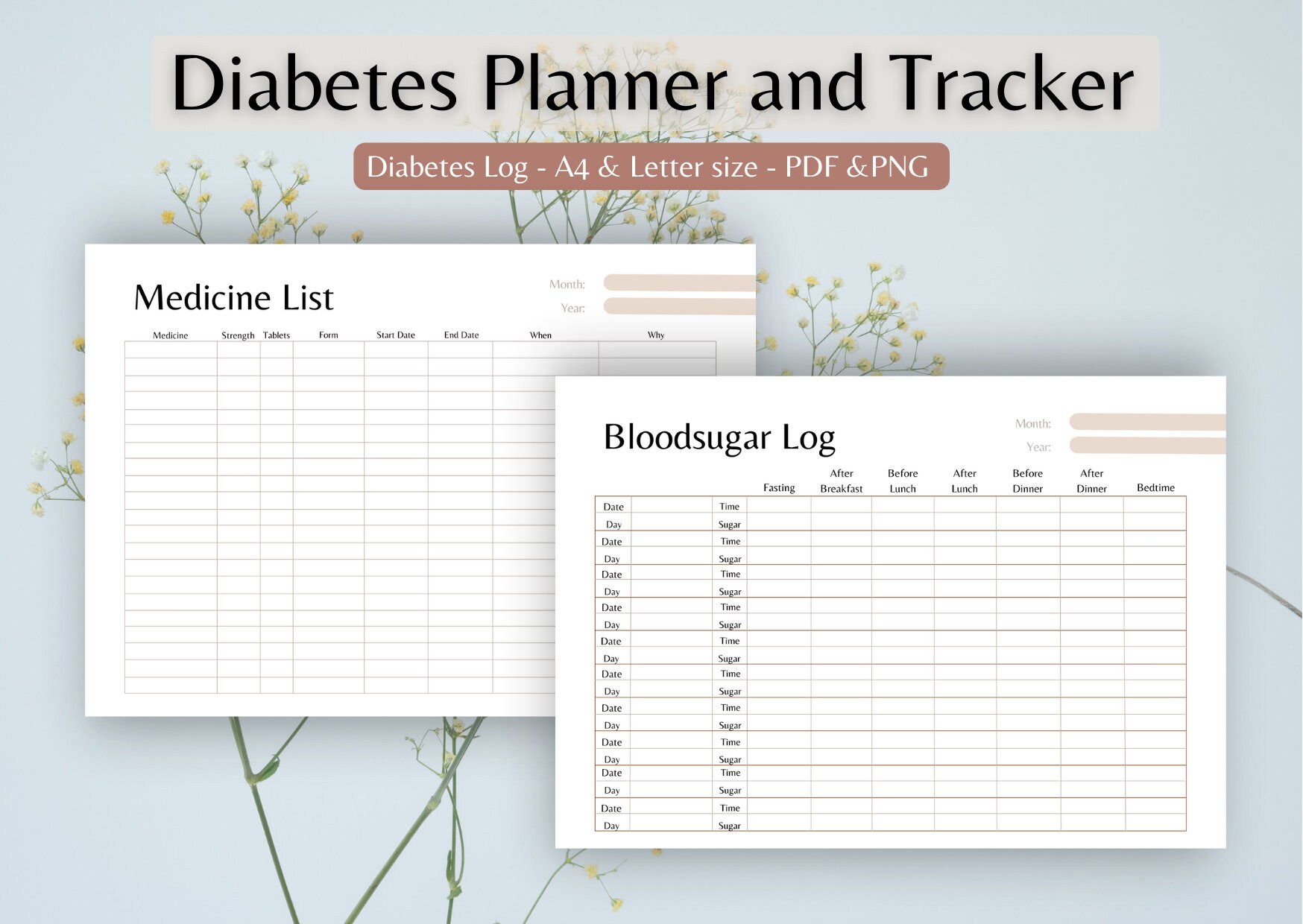 Printable Diabetes Planner, Bloodsugar Log and Tracker Bundle- (A4 ...