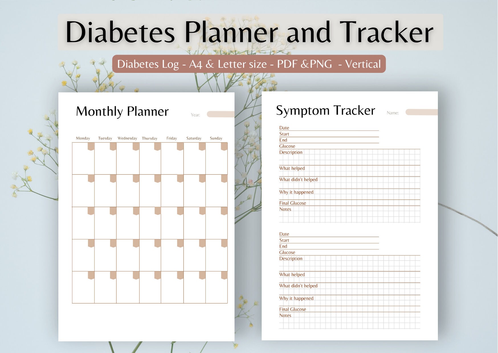Printable Diabetes Planner, Bloodsugar Log and Tracker Bundle- (A4 ...
