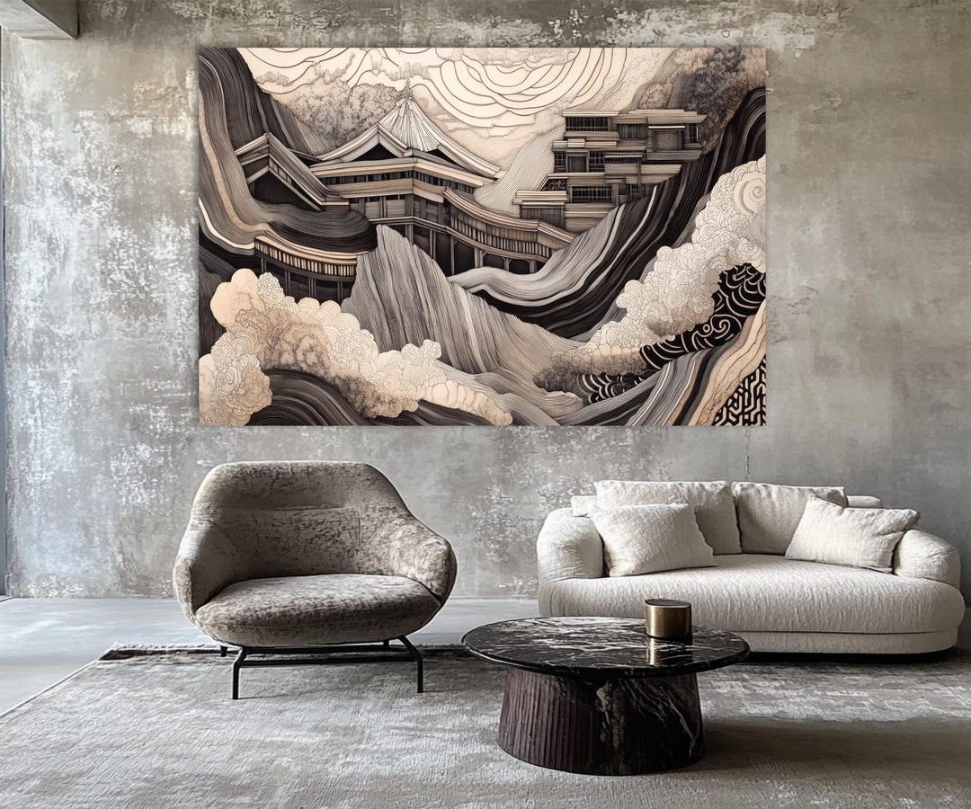 Japanese Architecture Art,zen Temple Wall Print,textured Engraving Art ...