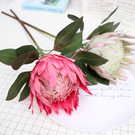 Fake Protea With Foliage Artificial Big Flower Head Stem | Etsy