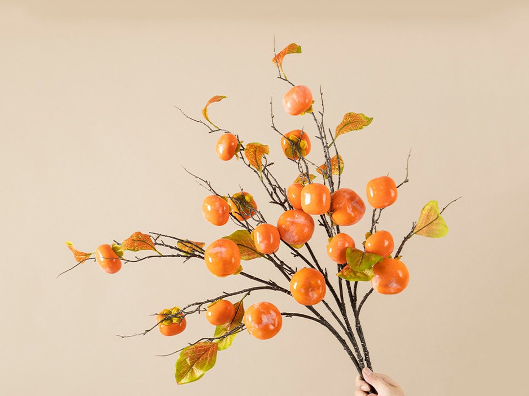 Persimmon Branch With Leaves, Fake Persimmon Fruit Crafts, Artificial ...