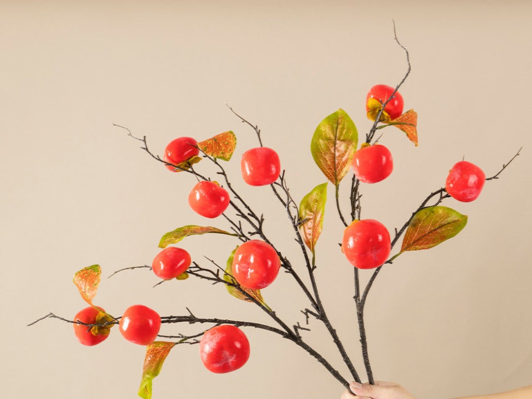 Persimmon Fruit Branch With Leaves, Fake Autumn Fruits, Artificial ...