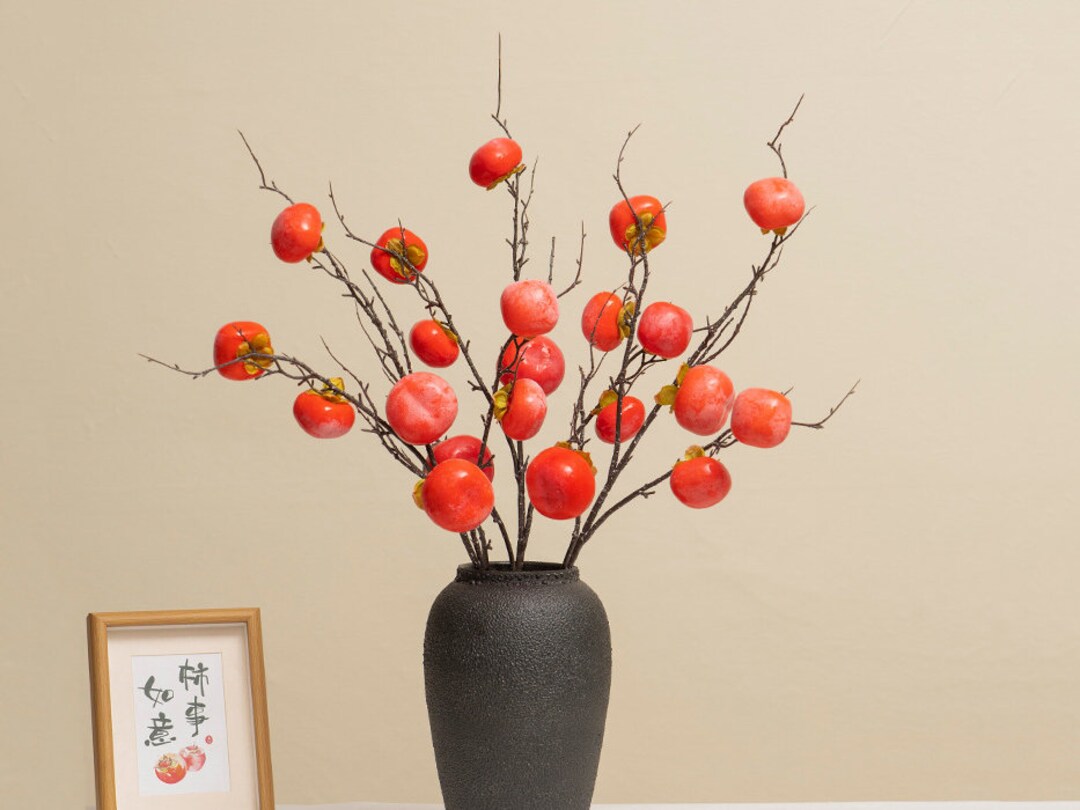 Fake Persimmon With Long Branch, Realistic Persimmon Stem, Rustic Fall ...