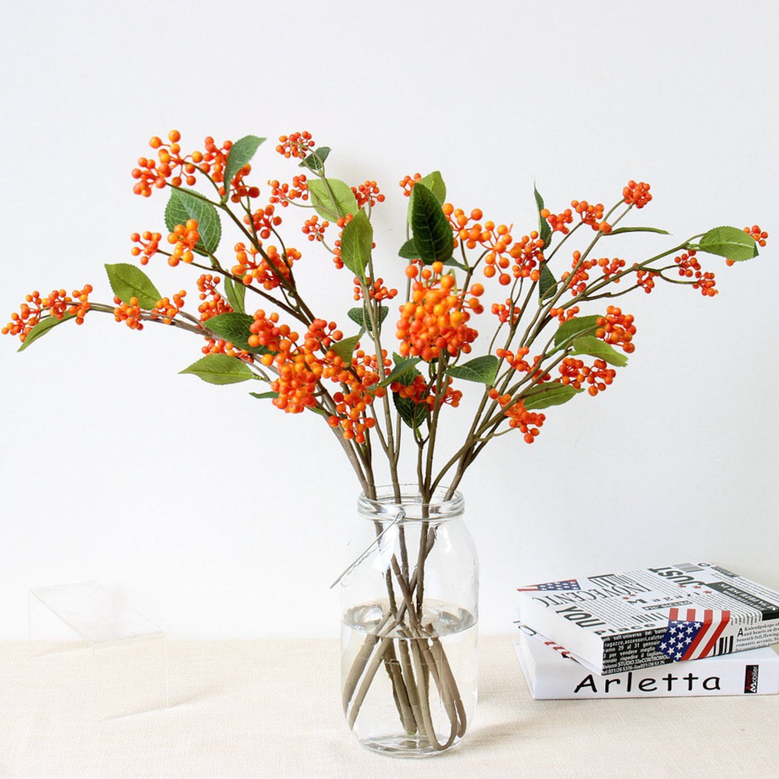 Berry Branch With Leaf Artificial, Faux Small Fruit Stem, Home Floral ...