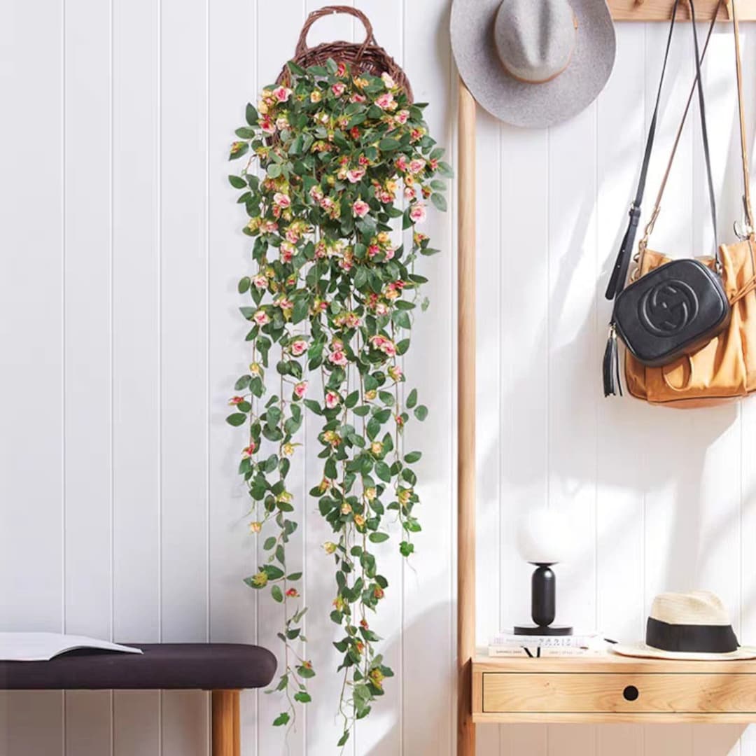 Artificial Rose Wall Hanging With Rich Foliage Fake Flower Vine and Bud ...