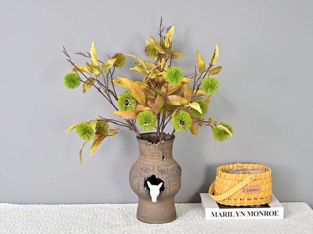Fake Chestnut Branch With Leaves, Fall Rustic Fruit Twig, Artificial ...