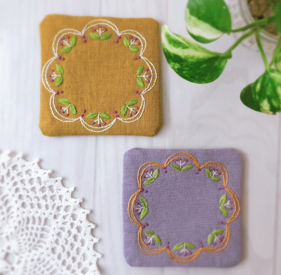Hand Embroidery Linen Coasters, Flower Pattern Coaster, Linen Coaster ...