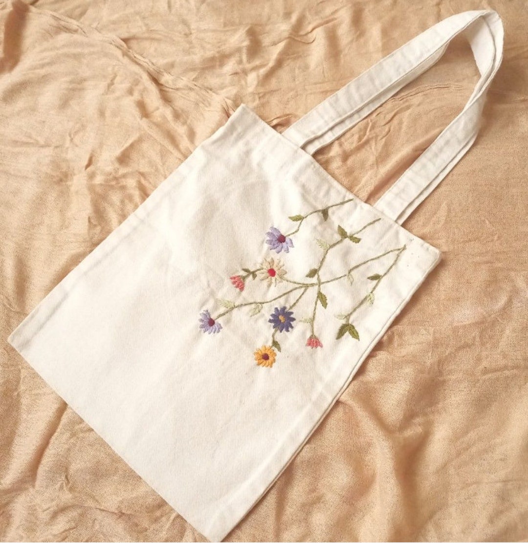 Flower Embroidered Tote Bag, Floral Canvas Tote Bag, Hand Embroidery ...