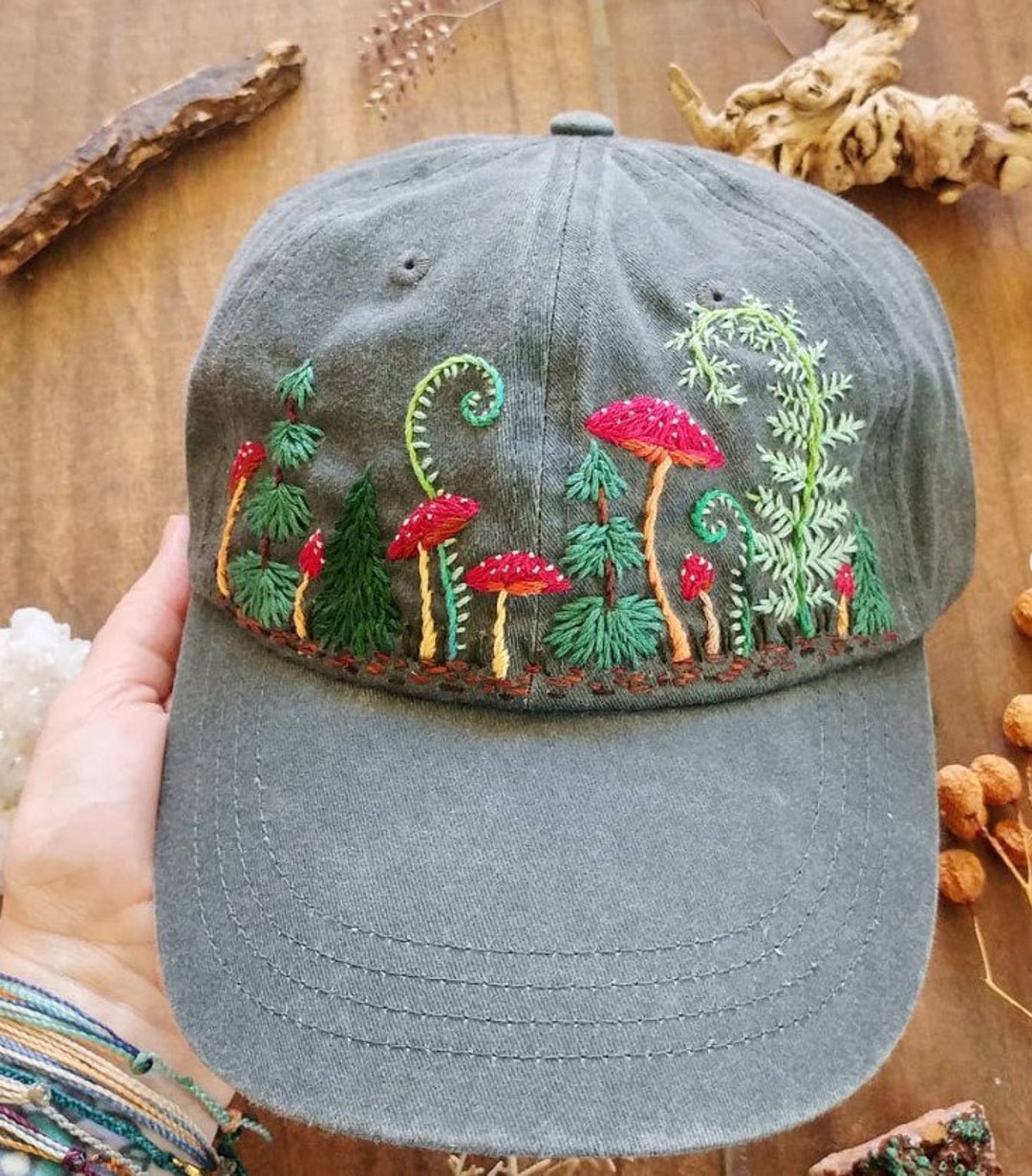 Mushroom Mix Fern Baseball Hat, Hand Embroidered Vintage Style Hat ...