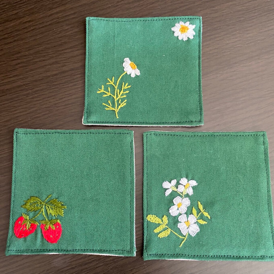 Hand Embroidery Linen Coasters, Flower Pattern Coaster, Linen Coaster ...