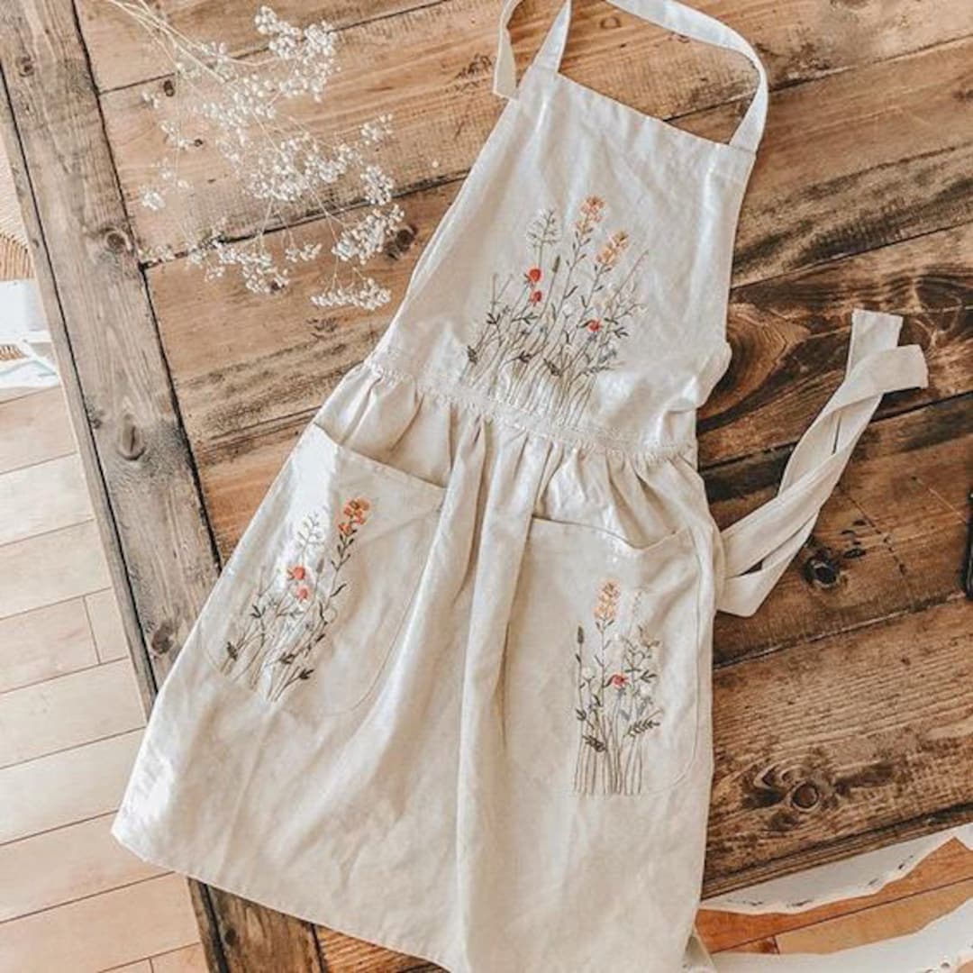 Natural Embroidered Floral Apron With Lace Trim, Hand Embroidered Apron ...