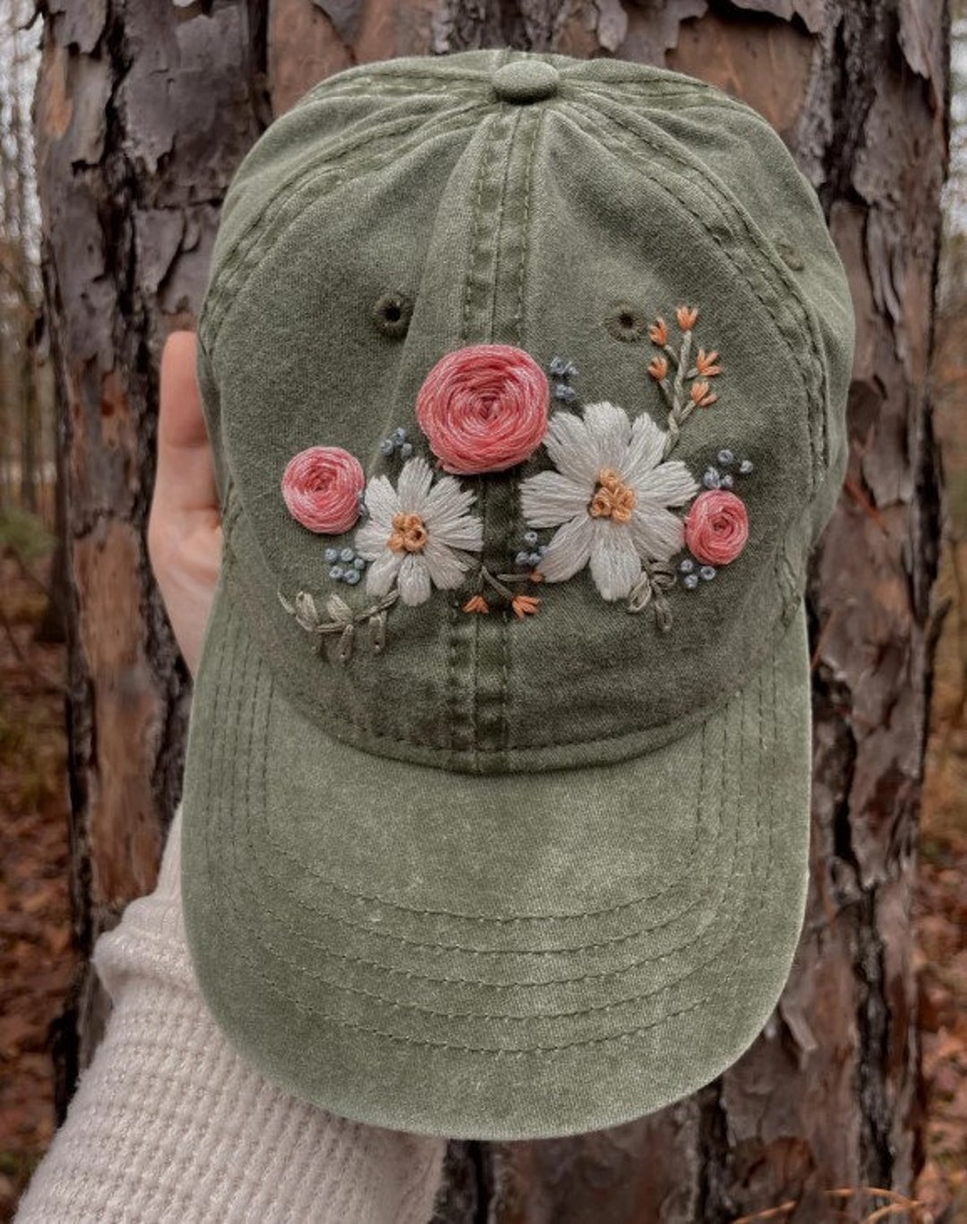 Daisy and Pink Rose Baseball Hat, Washed Coton Baseball Cap, Floral ...