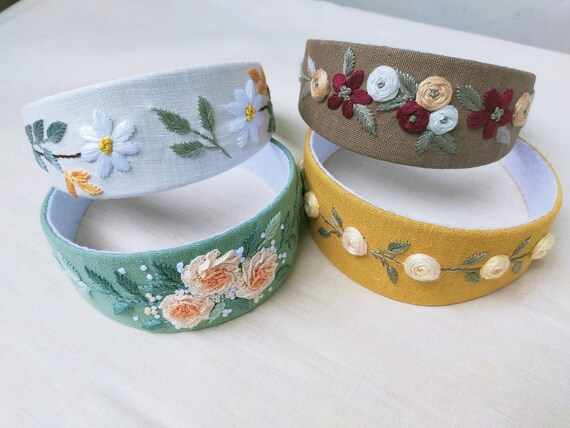 Floral Hand Embroidered Linen Headband Handmade Hair Headband - Etsy