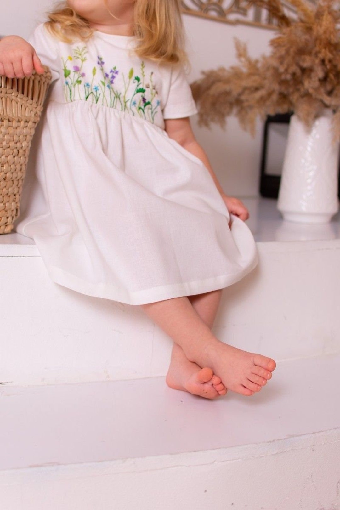 Linen Girls Dress, Embroidered Floral Linen Dress for Girl, Natural ...