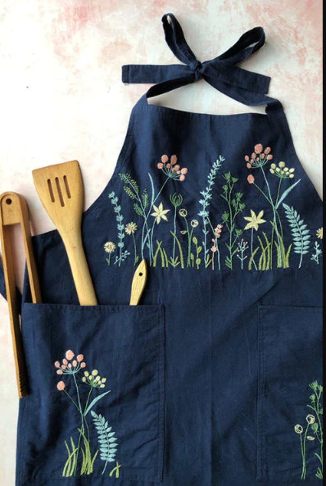 Embroidery Linen Apron With Flower, Apron With Pocket, Hand Embroidered ...