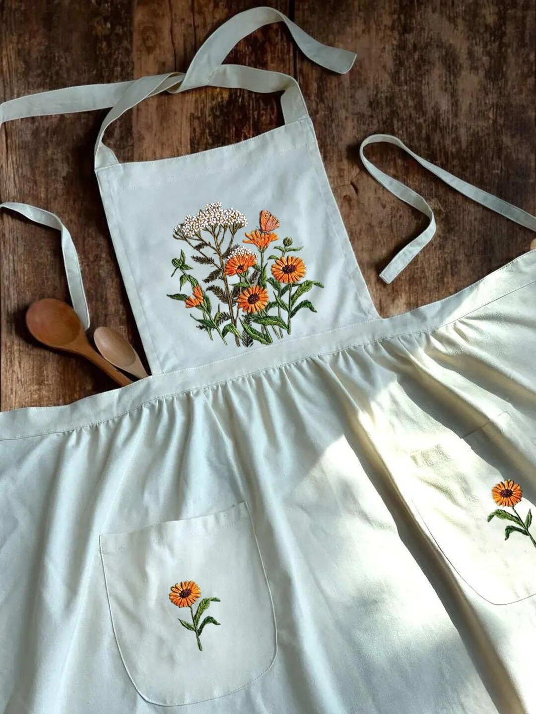 Orange Daisy Embroidered Apron for Women, Floral Embroidered Apron ...
