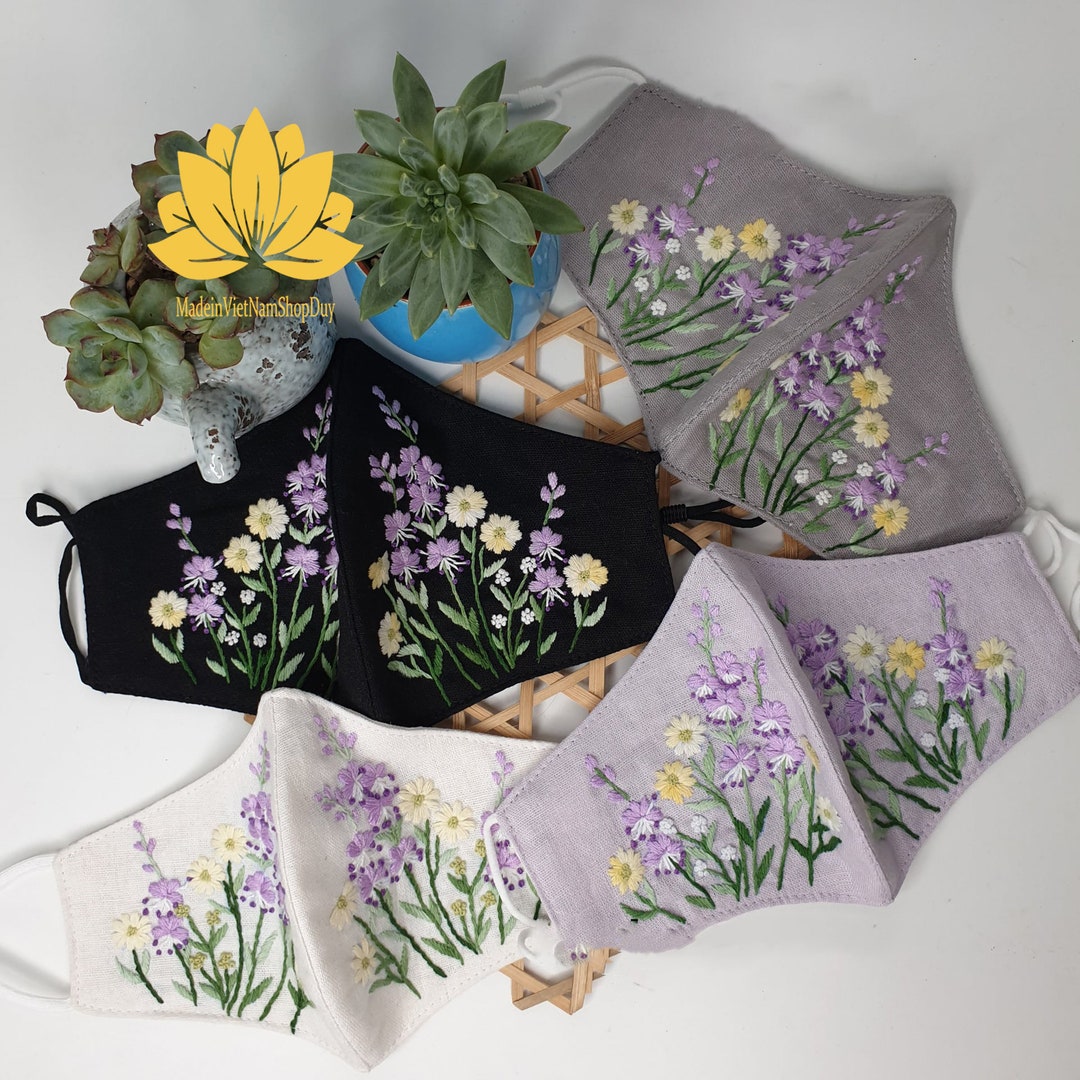 Cloth Masks Decorated Flowers. Elegant Floral Embroidery Face Mask. 3 ...