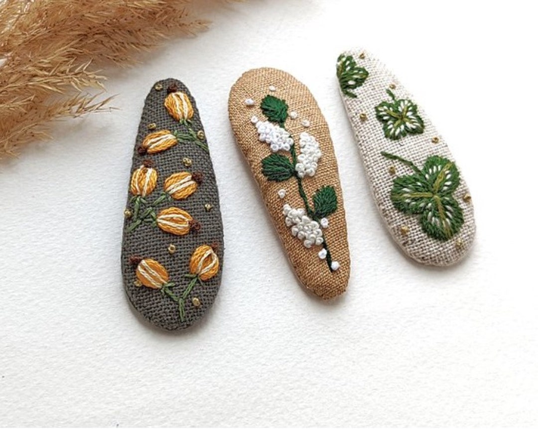 Yellow Berry Embroidered Hair Clip, Flowers Hand Embroidery Hair Clip ...