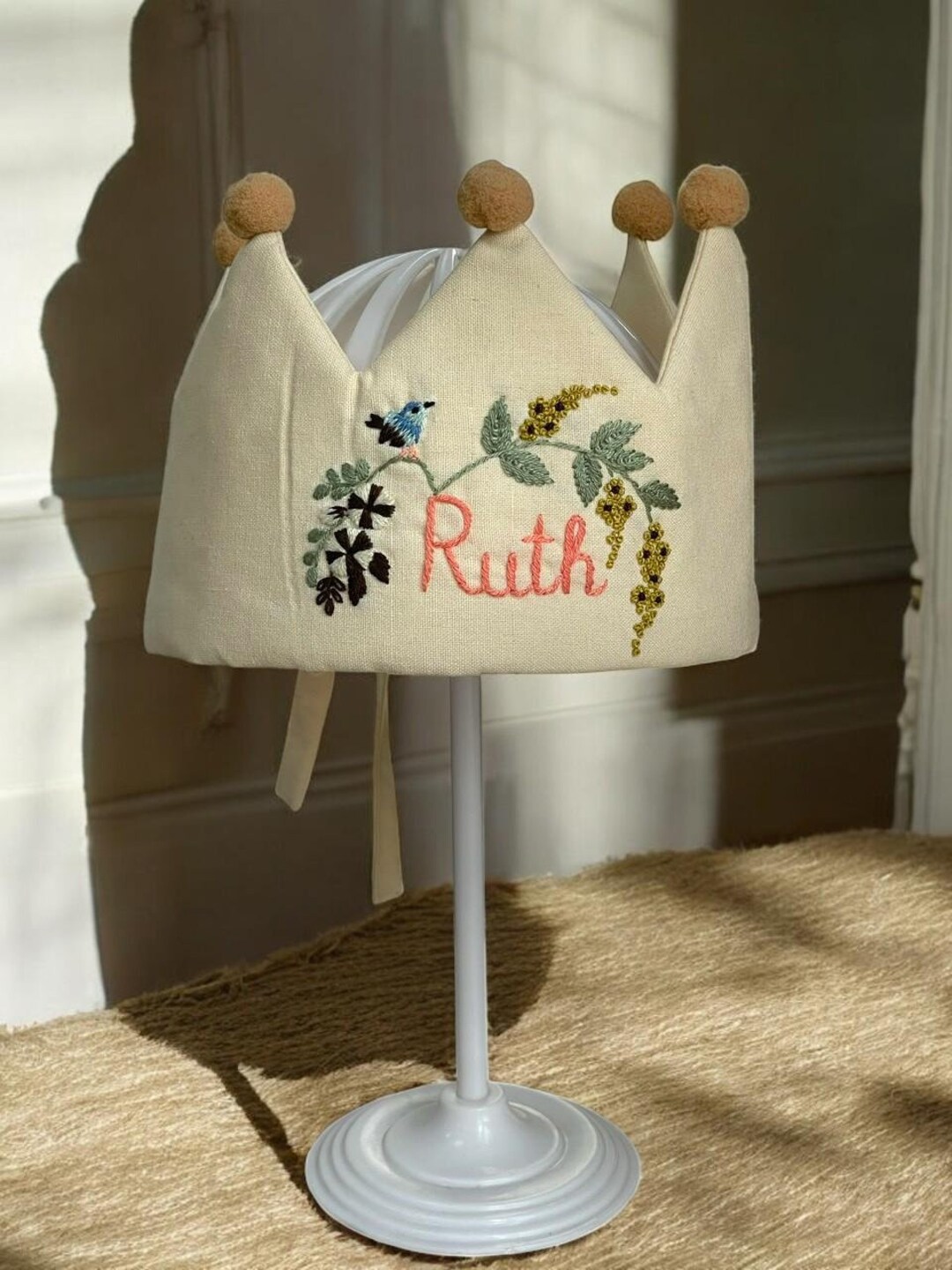 Custom Name Birthday Party Crown, Personalized Hand Embroidered Linen ...
