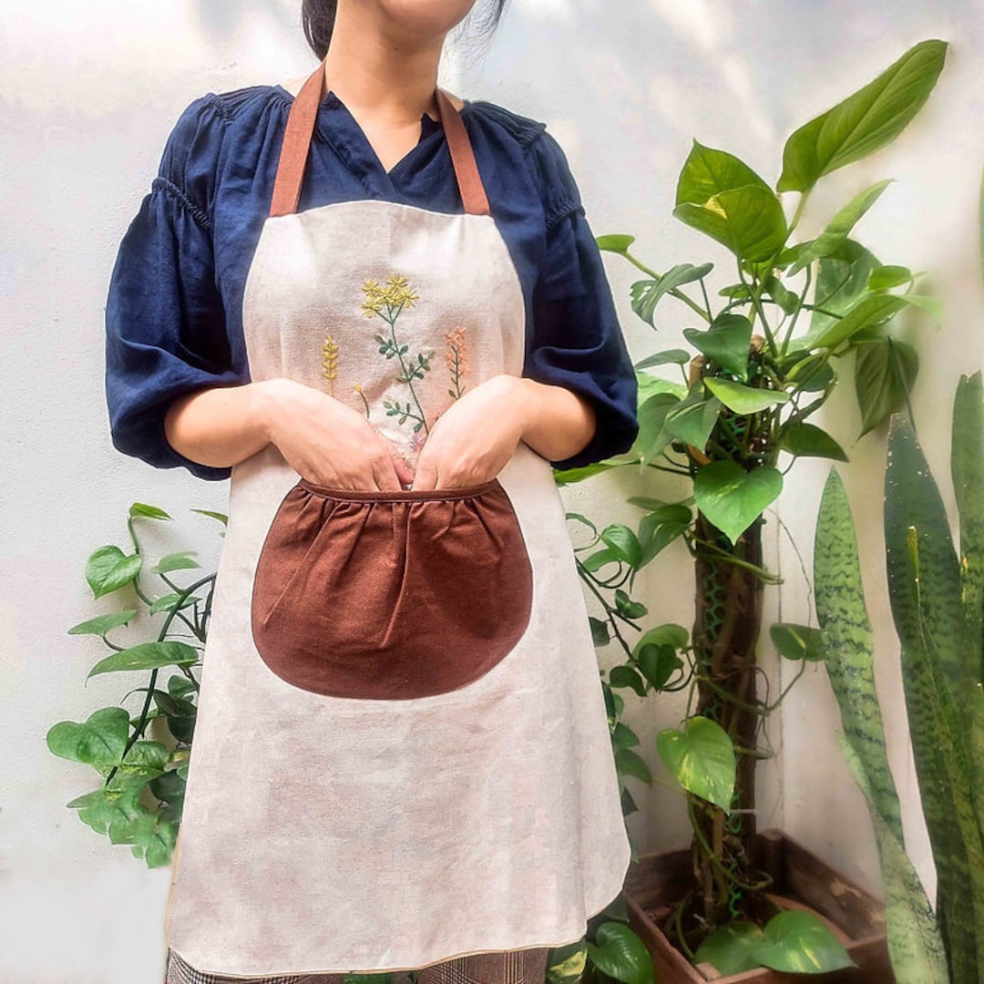 Flower Hand Embroidered Apron, Handmade Aprons for Women With Pocket ...