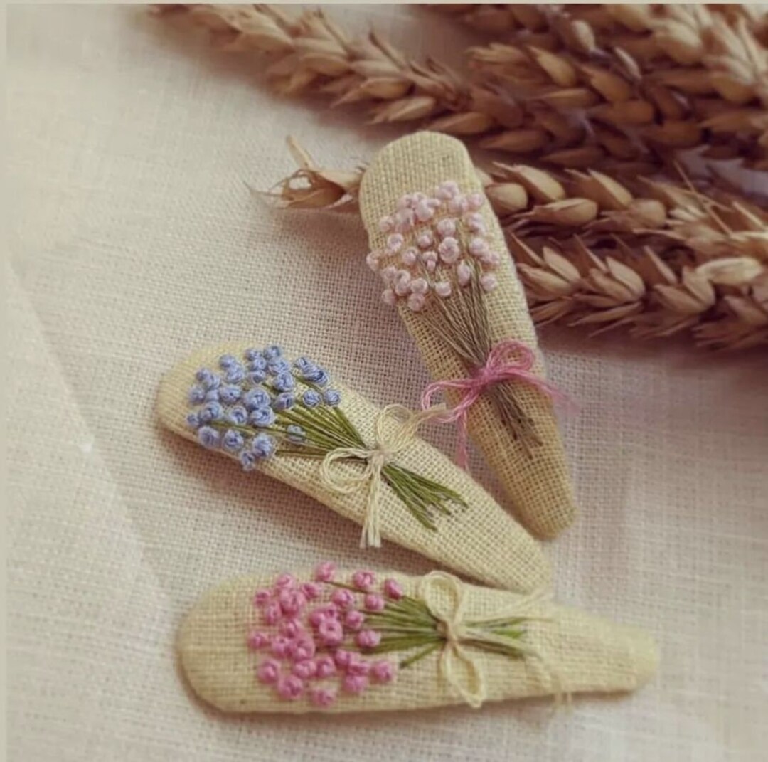 Hand Embroidered Linen Hair Clips, Floral Embroidery Hair Clips, Linen ...