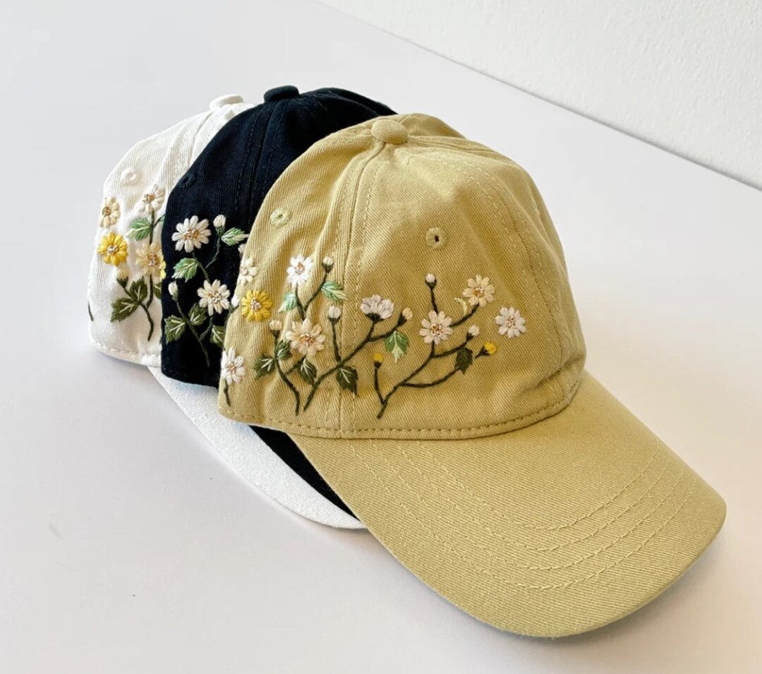 Daisy Flower Hand Embroidery Baseball Cap, Hand Embroidered Flower Hat ...