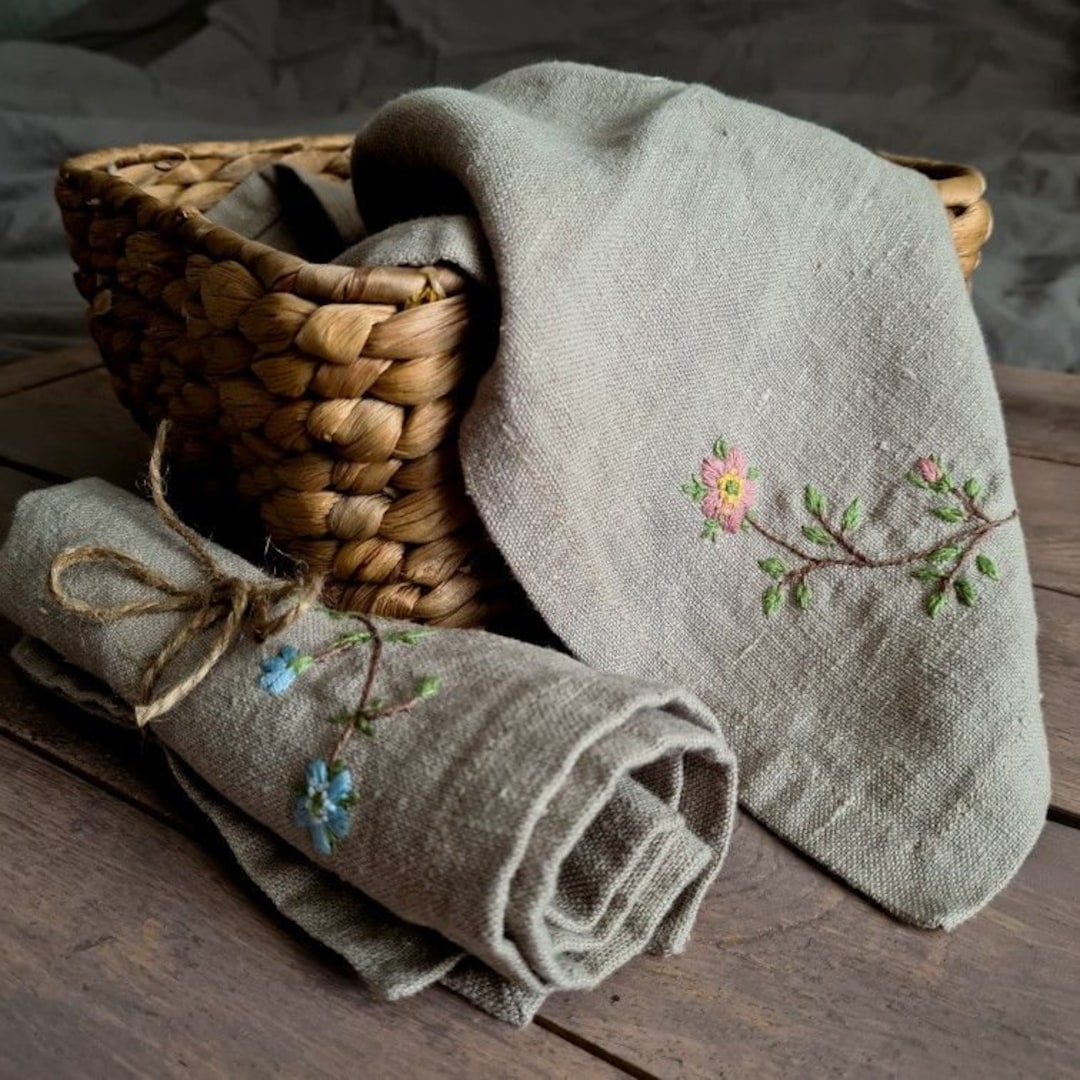 Linen Napkins, Embroidered Linen Napkins, Hand Emboridery Linen Table ...