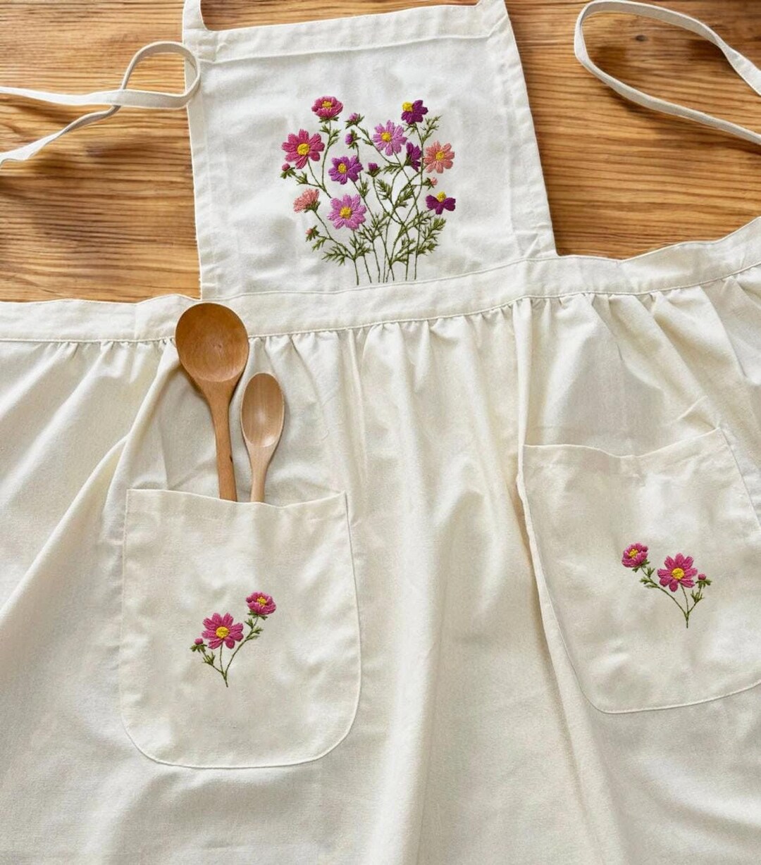 Hand-embroidered Cosmos Flower Garden Apron, Personalized Embroidered Apron, Kitchen/cooking ...