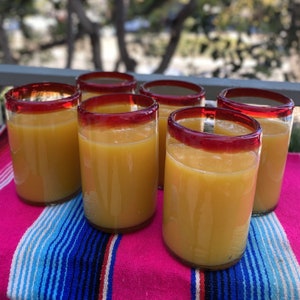 Hand Blown Mexican Drinking Glasses - Set of 6 Glasses With Red Rims ...